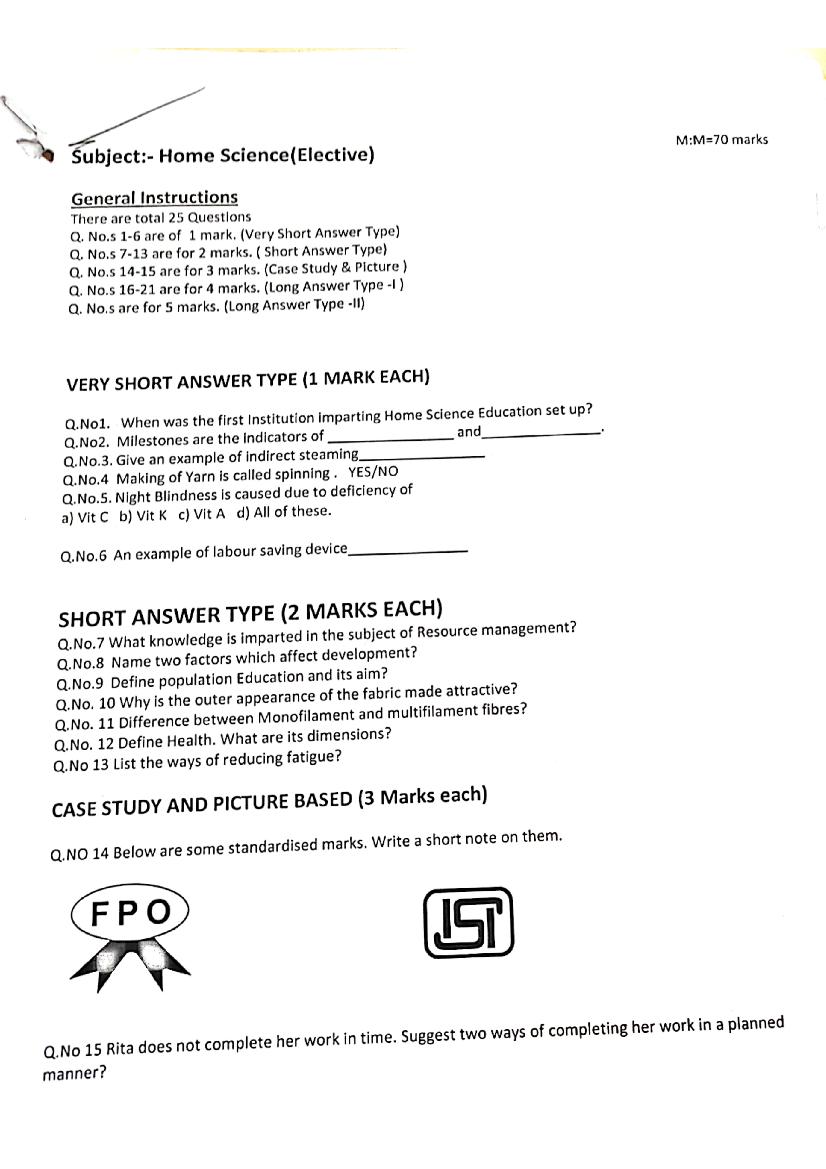 JKBOSE 11th Class Model Paper 2025 Home Science JKBOSE 11th Class Model Paper 2025 Home Science