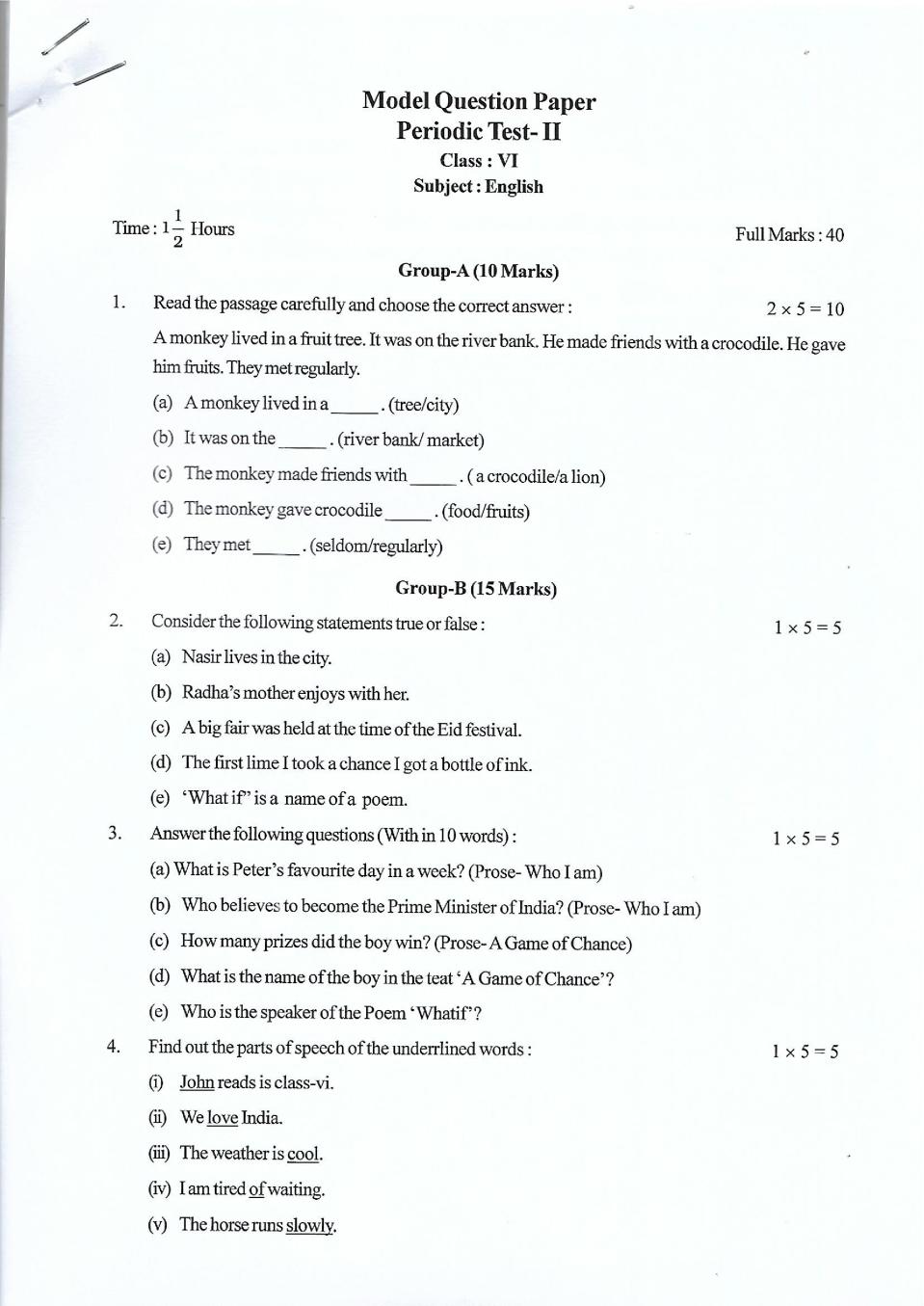 Tripura Board Model Question Paper For Class 6 Annual Exam