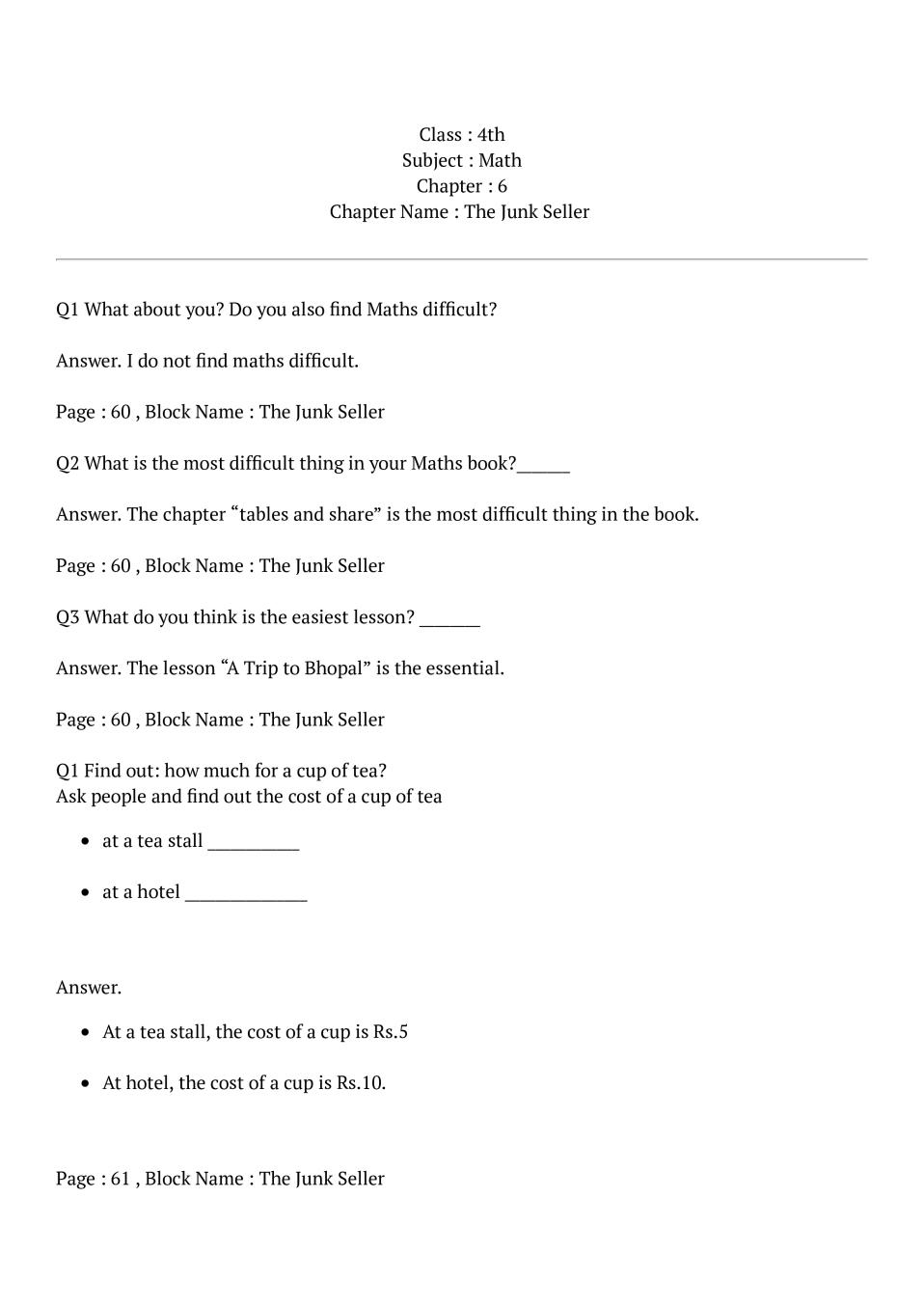 NCERT Solutions For Class 4 Maths Chapter 6 The Junk Seller PDF 