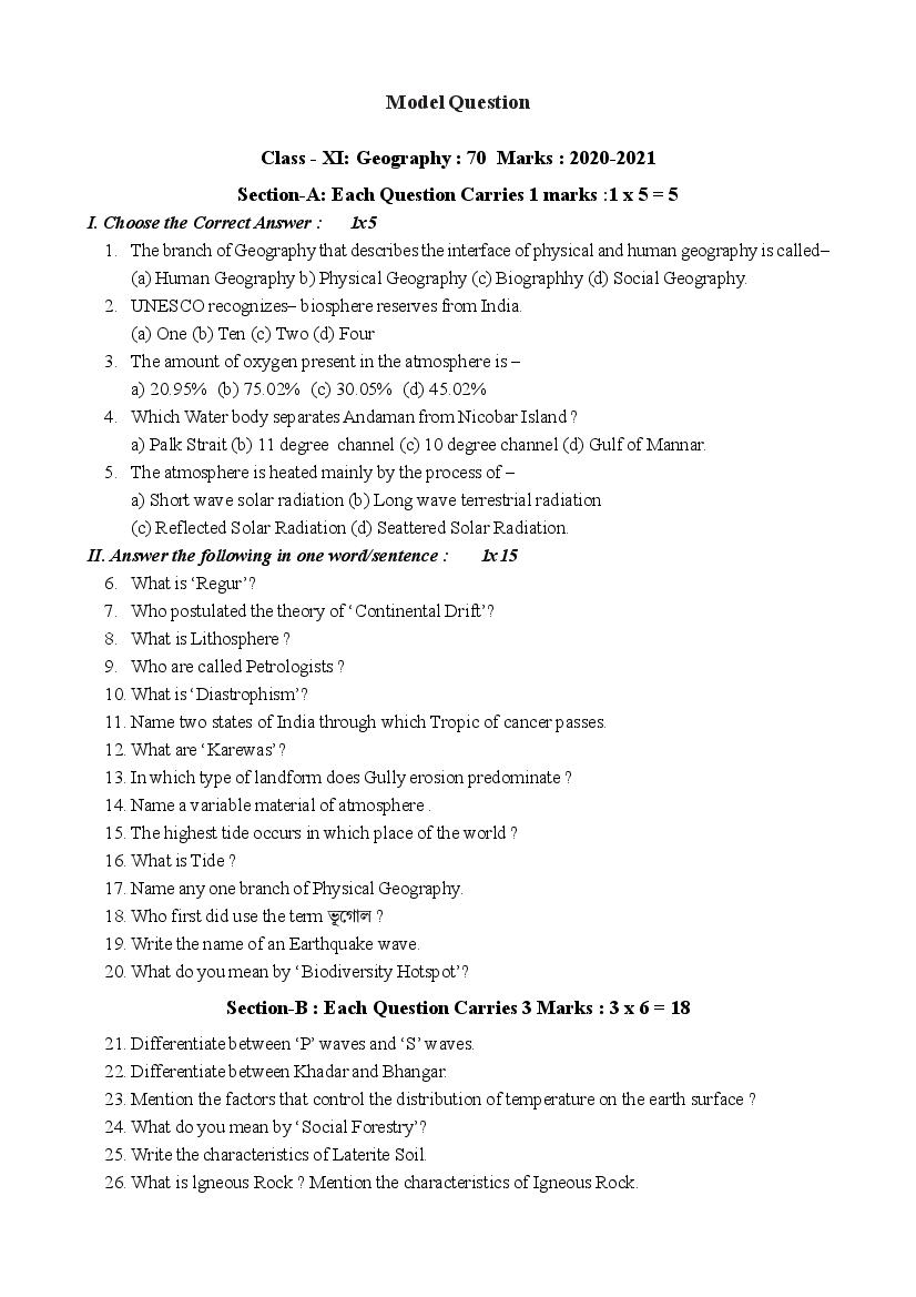 TBSE Class 11 Model Question Paper 2021 for Geography – Download Sample ...