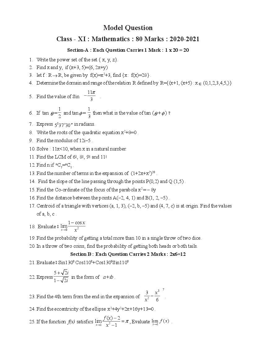 TBSE Class 11 Maths Model Paper 2024 PDF NCERT Expert TBSE Class 11 Maths Model Paper 2024 PDF NCERT Expert
