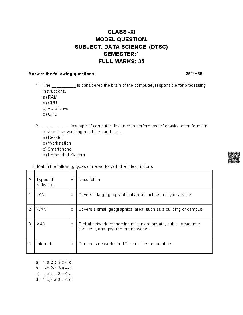 WBCHSE Class 11 Data Science Semester 1 Model Question Paper 2024 - PDF Download - AglaSem