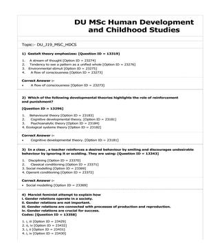 DUET Question Paper 2019 for M.Sc Human Development and Childhood Studies