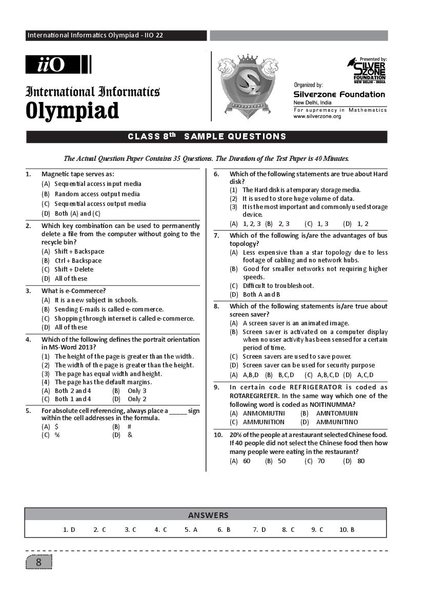 SilverZone IiO Sample Paper 2022 Class 8