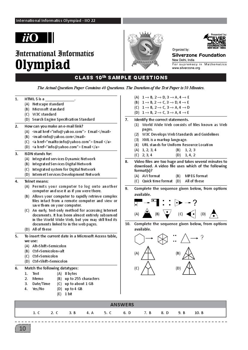 SilverZone IiO Sample Paper 2022 Class 10