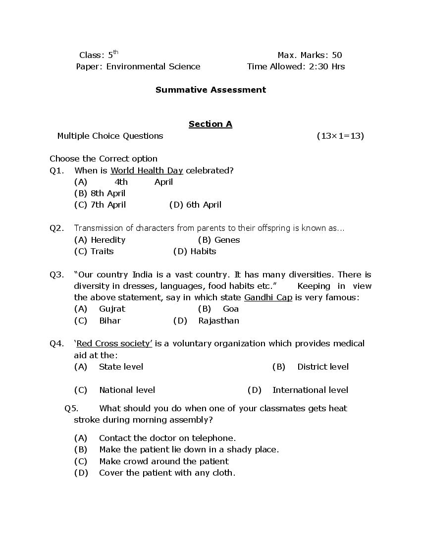 JKBOSE Class 5th Model Question Paper 2025 For EVS JK Board Class 5