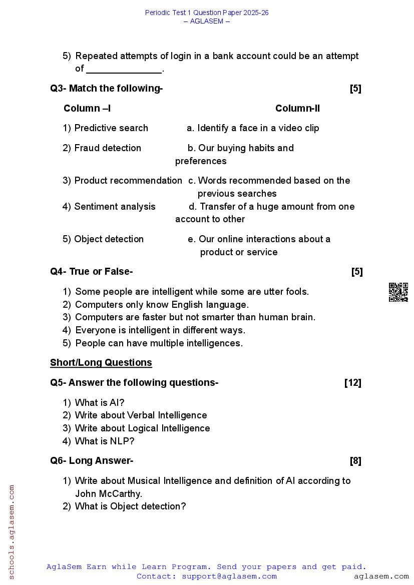 Class 7 PT 2 Question Paper Artificial Intelligence 2024-25 PDF ...