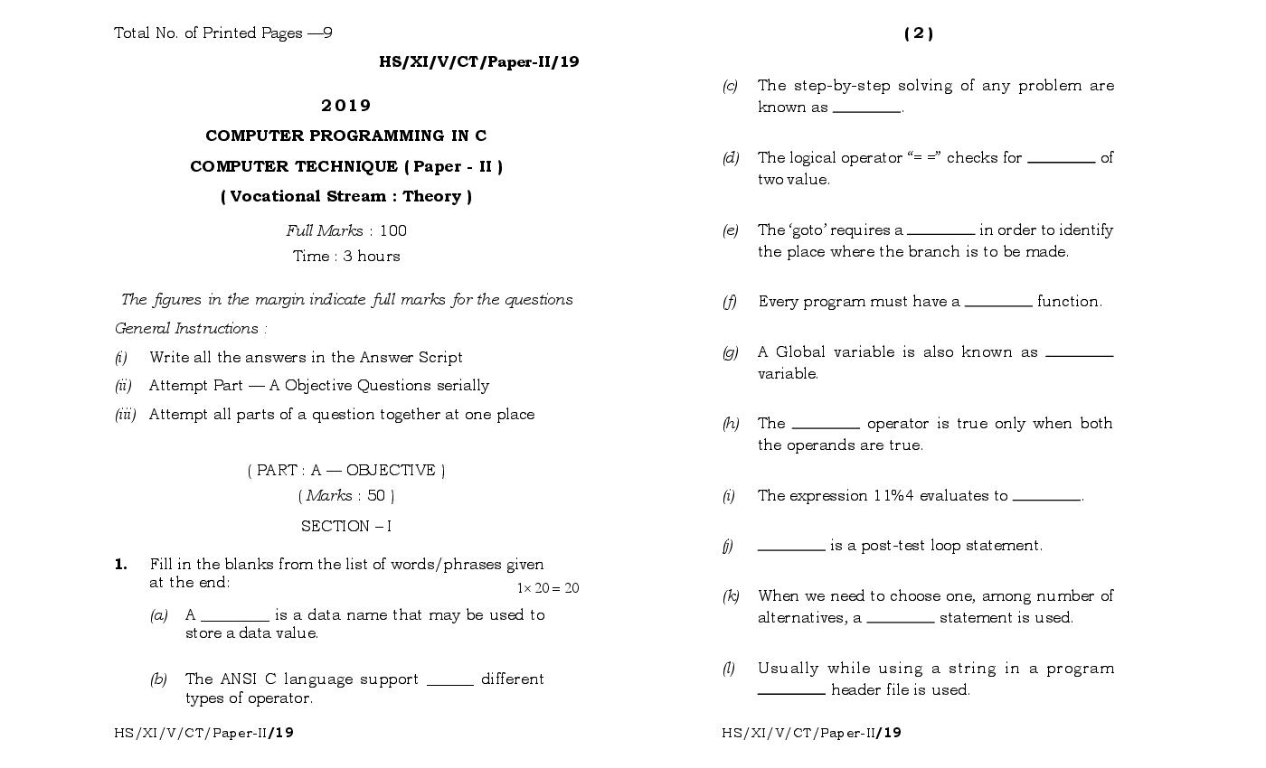 MBOSE Class 11 Question Paper 2019 for Computer Technique Paper - II
