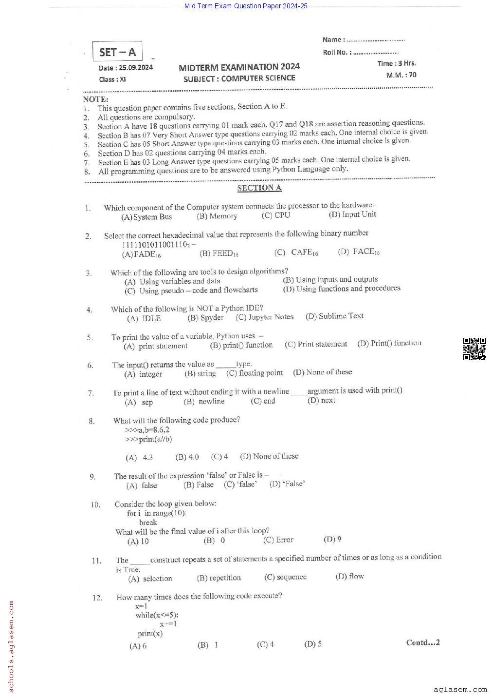 Class 11 Computer Science Mid Term Question Paper 2025 | Download 11th Term 1 Exam Paper PDF ...