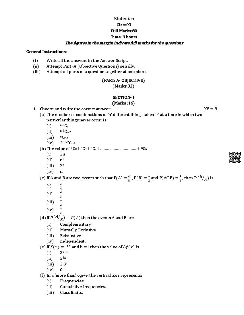 MBOSE Class 11 Statistics Sample Paper 2026 (PDF) - Download Meghalaya Board 11th Model Paper ...