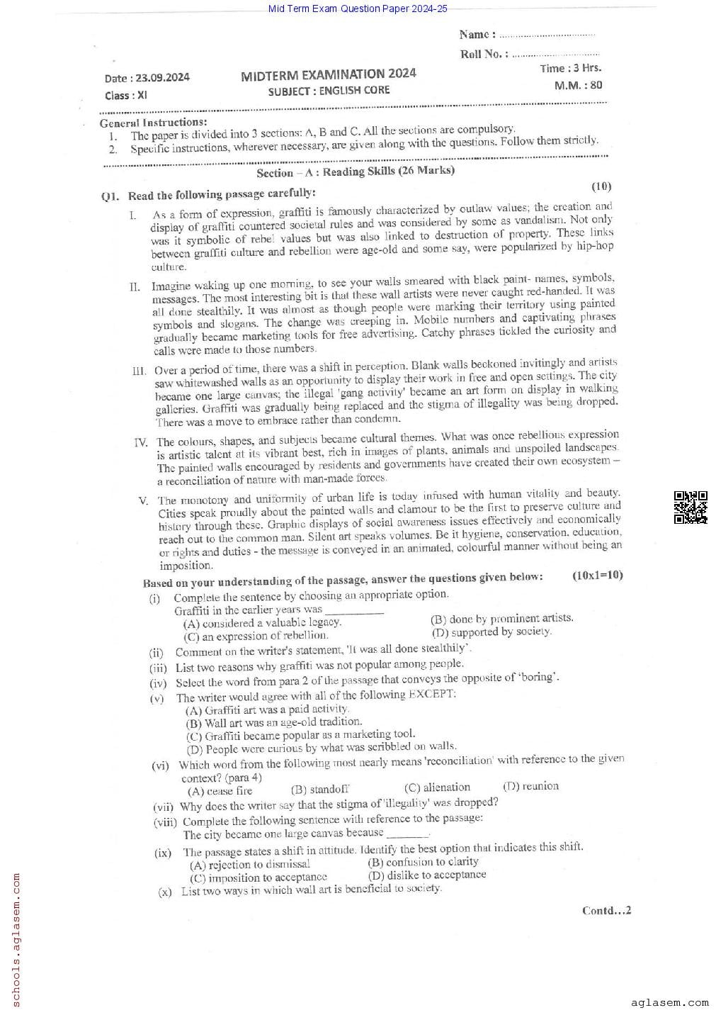Class 11 English Core Mid Term Question Paper 2025 | Download 11th Term ...