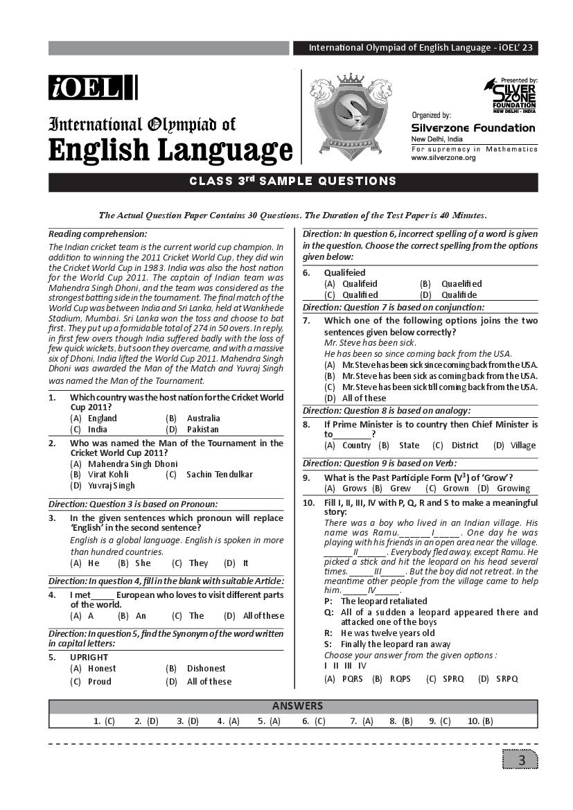 SilverZone IOEL Sample Paper 2022 Class 3