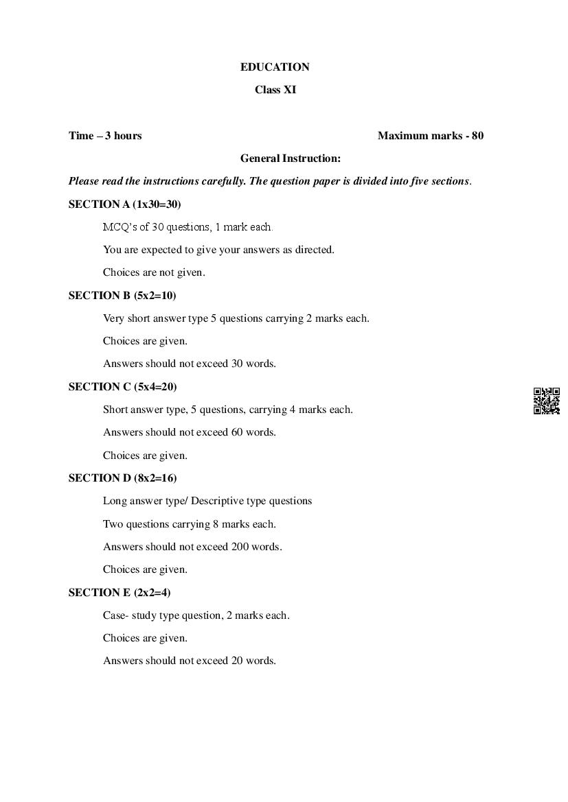 MBOSE Class XI Education Sample Paper 2026 (PDF) - Download Meghalaya ...