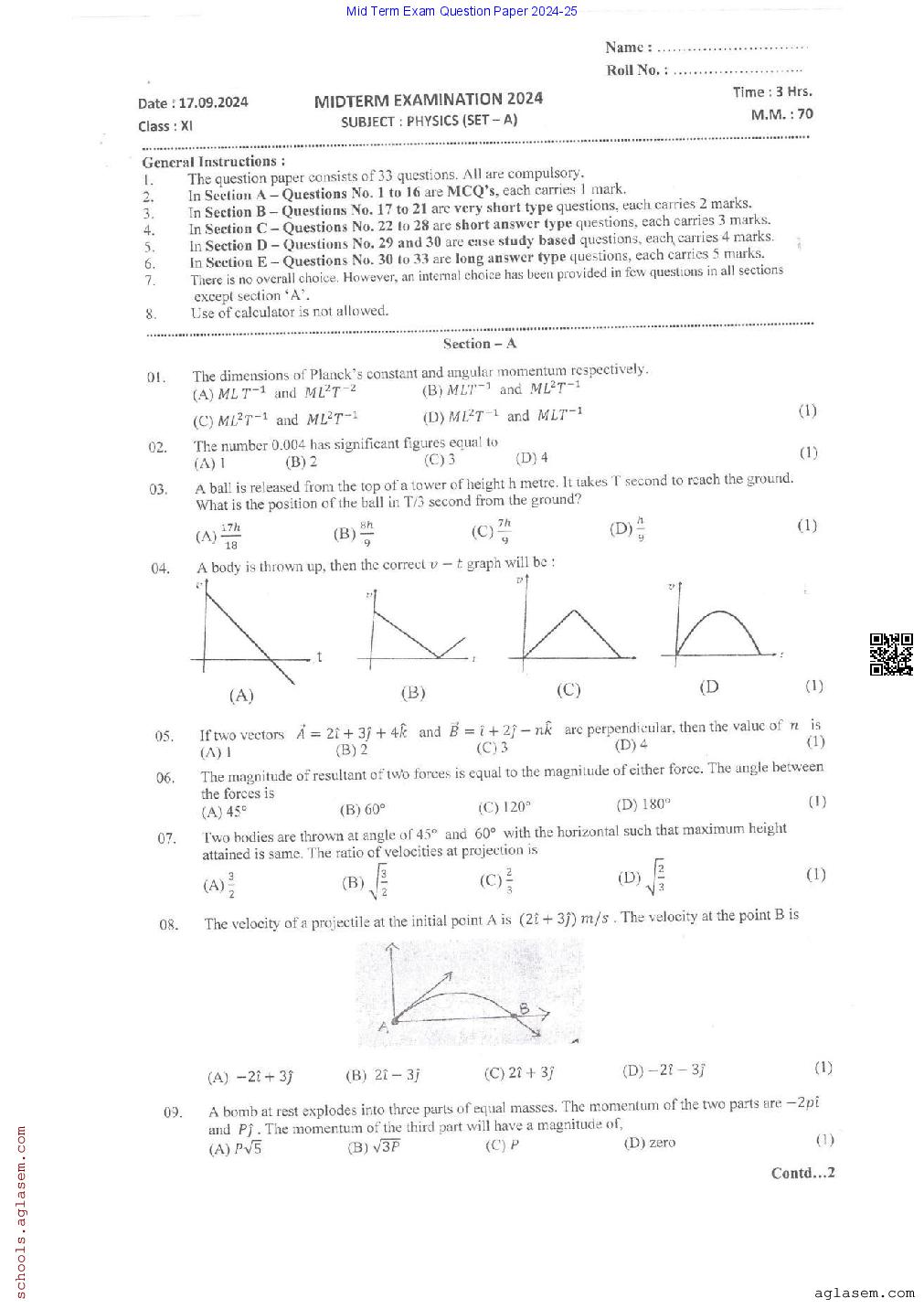 Class 11 Physics Mid Term Question Paper 2025 | Download 11th Term 1 Exam Paper PDF - AglaSem