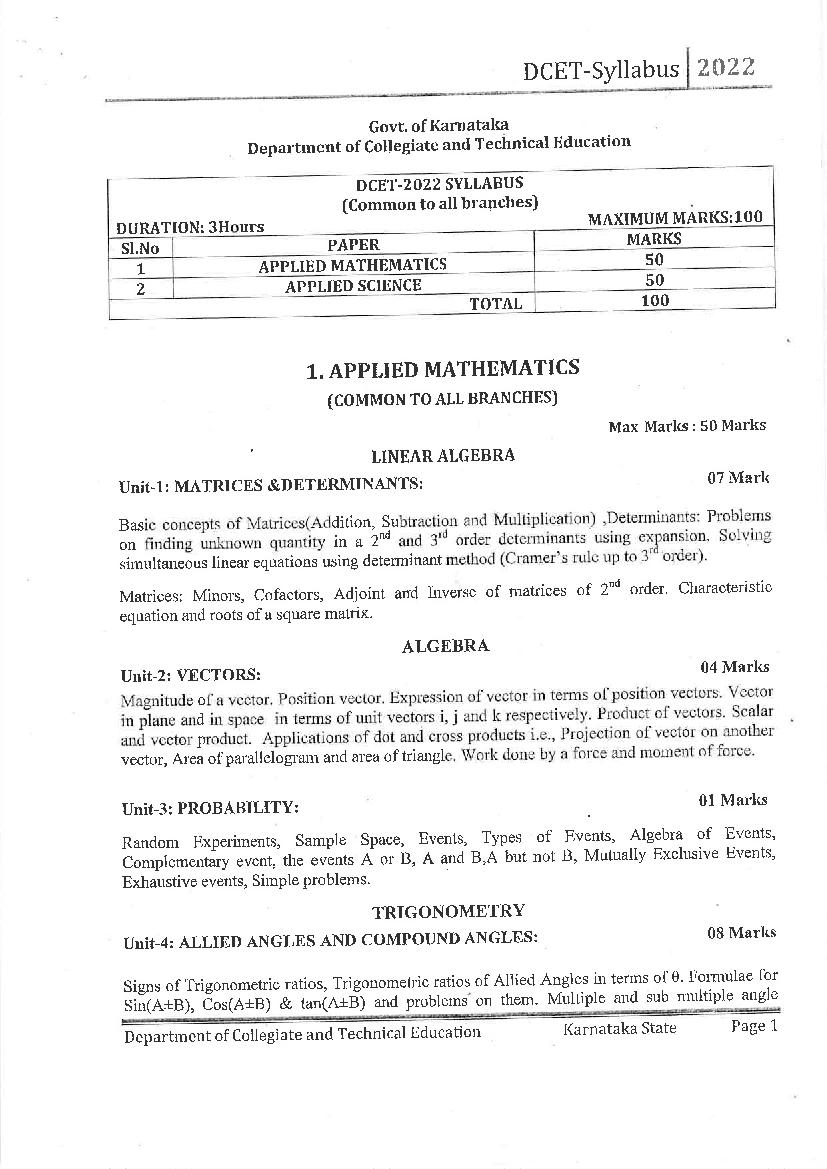 Karnataka DCET 2023 Syllabus (PDF) - AglaSem Admission