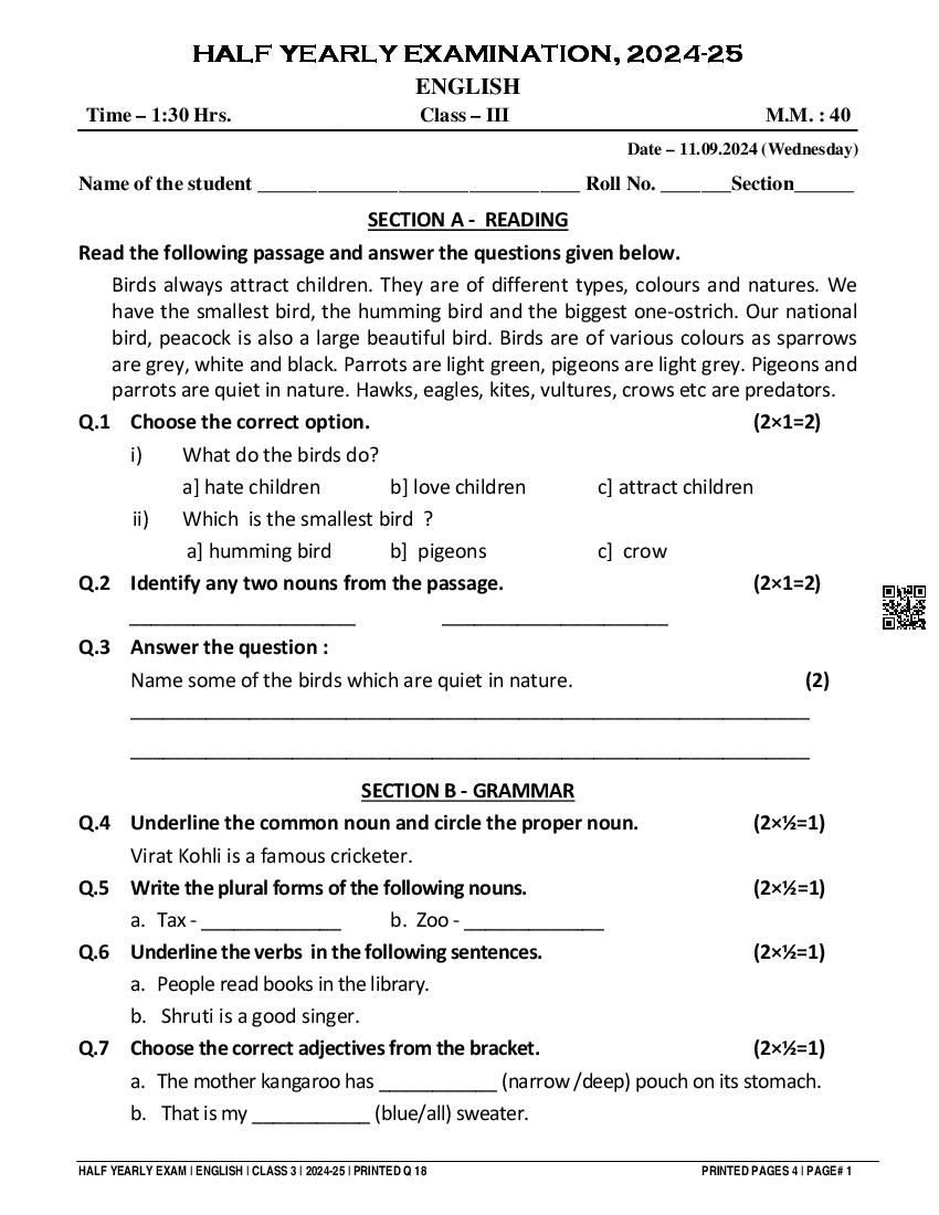 Class 3 English Half Yearly Question Paper 2025 | Download 3rd Half ...