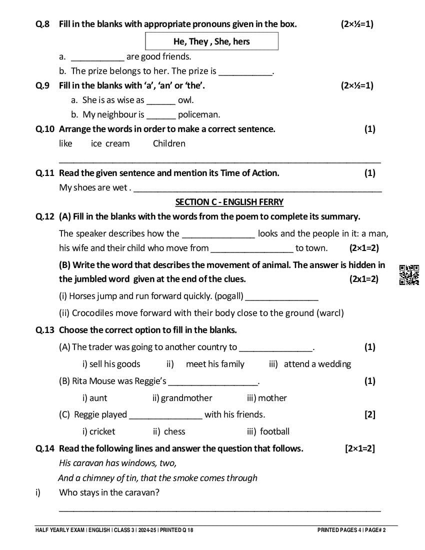 Class 3 English Half Yearly Question Paper 2025 | Download 3rd Half ...