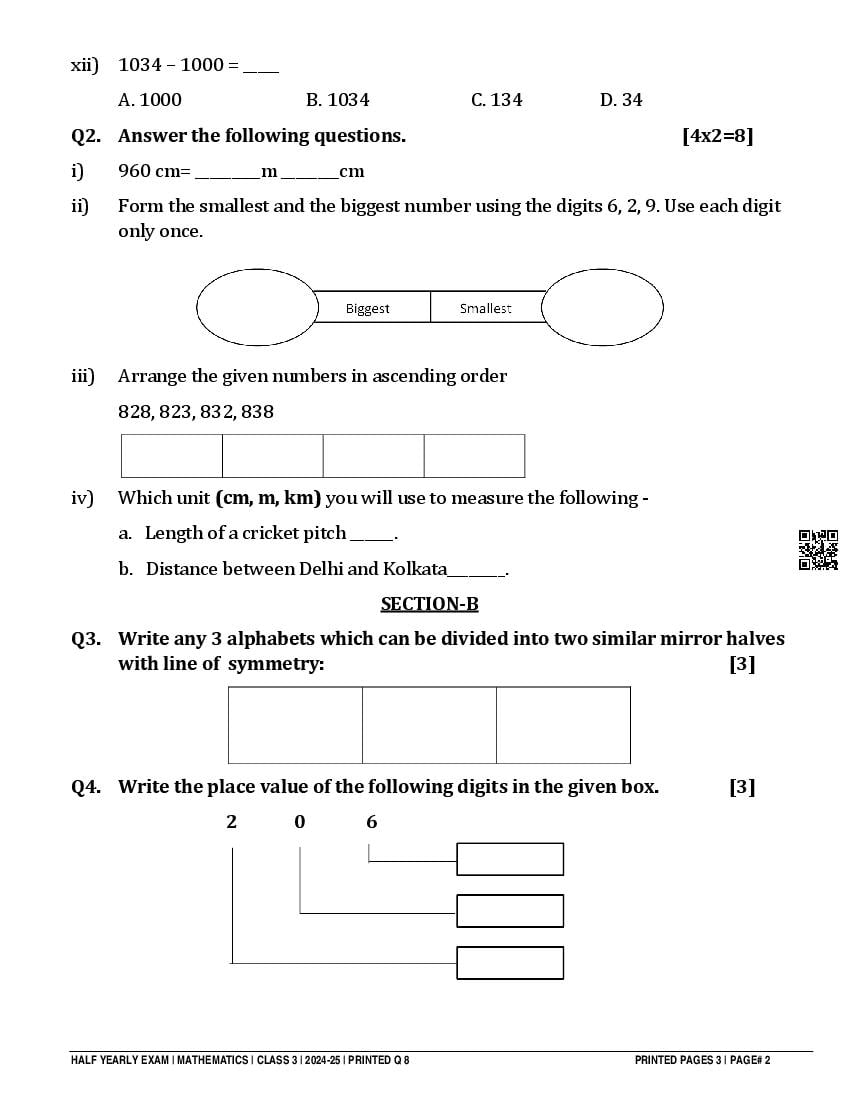 Class 3 Maths Half Yearly Question Paper 2025 | Download 3rd Half ...