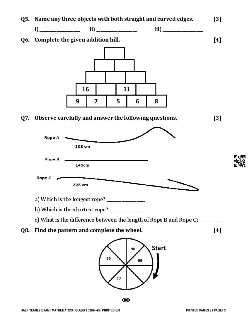 Class 3 Maths Half Yearly Question Paper 2025 | Download 3rd Half ...