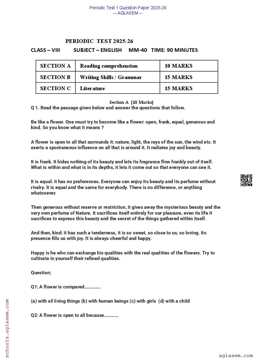 Class 8 PT 1 Question Paper English 2025-26 PDF | Download Periodic ...