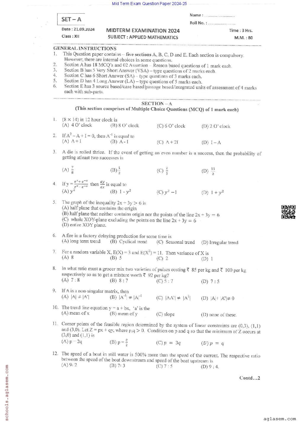 Class 12 Applied Maths Mid Term Question Paper 2025 | Download 12th Term 1 Exam Paper PDF - AglaSem
