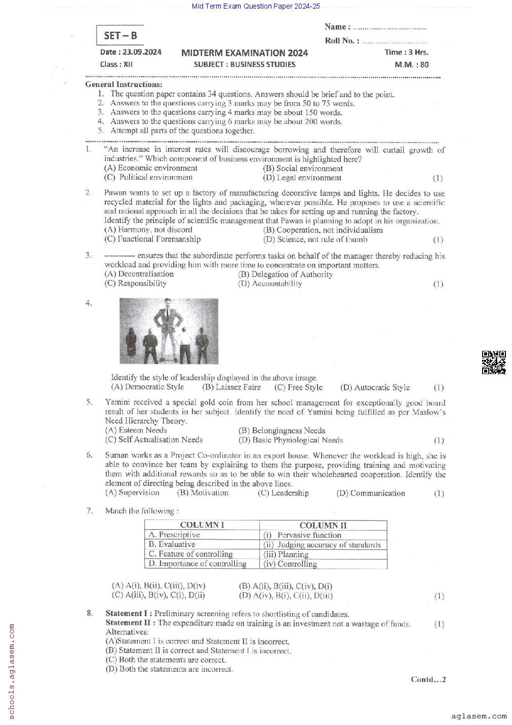 Class 12 Business Studies Mid Term Question Paper 2025 | Download 12th ...
