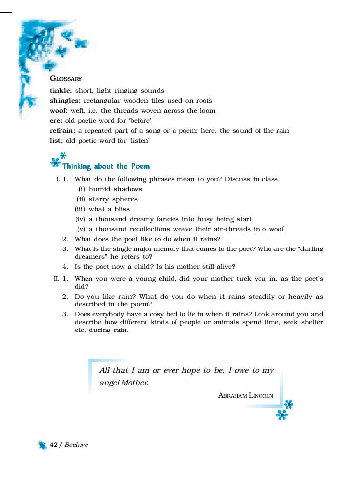 RBSE Book Class 9 English Beehive Chapter 3 Rain On The Roof The