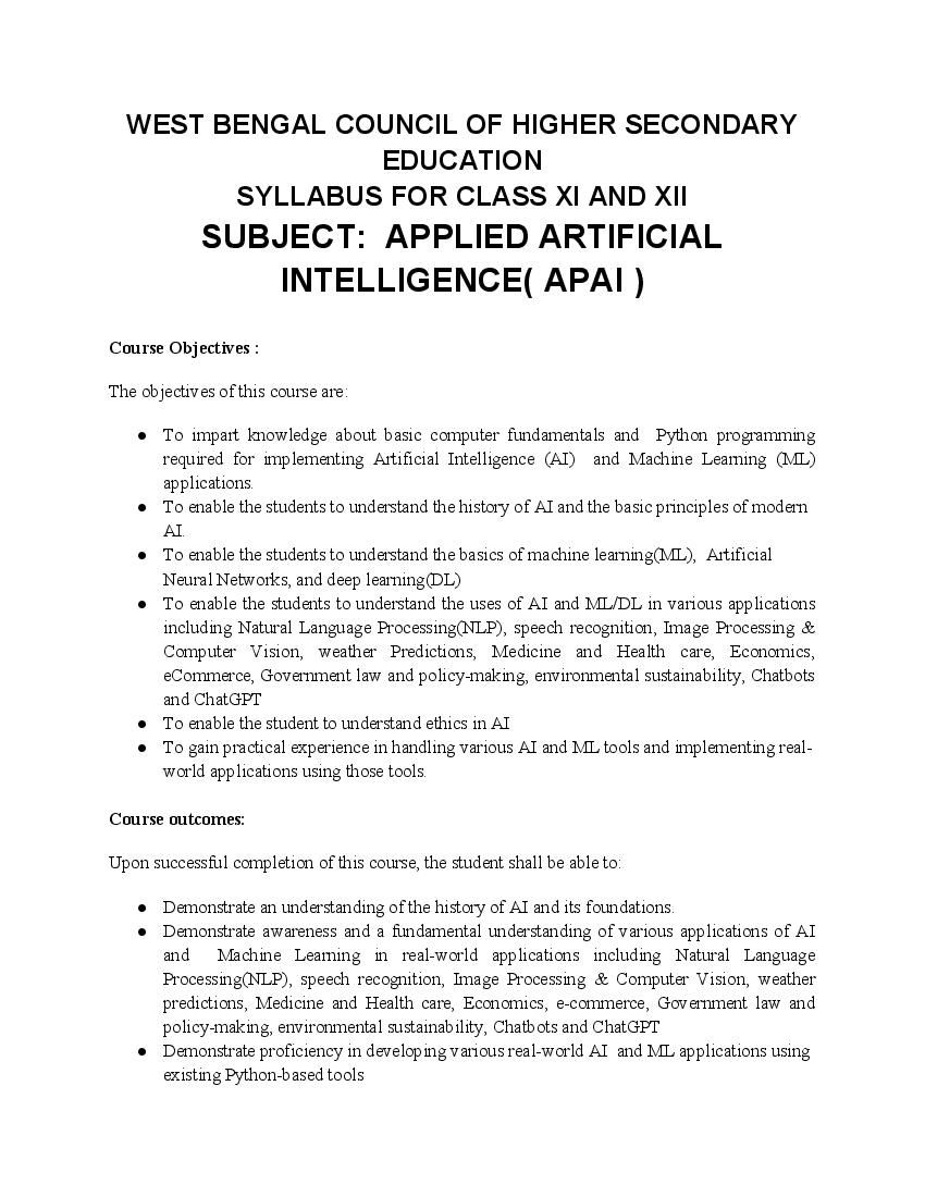 WBCHSE Class 12 Applied Artificial Intelligence Syllabus 2024 (PDF) - West Bengal Board Class 12 ...