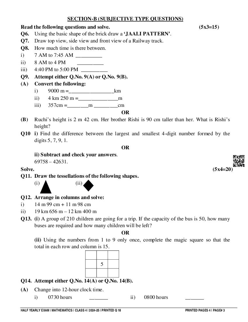Class 4 Maths Half Yearly Question Paper 2025 | Download 4th Half ...