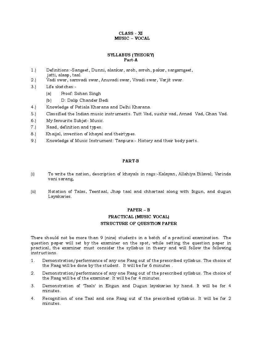 PSEB Syllabus 2021 22 For Class 11 Music Vocal