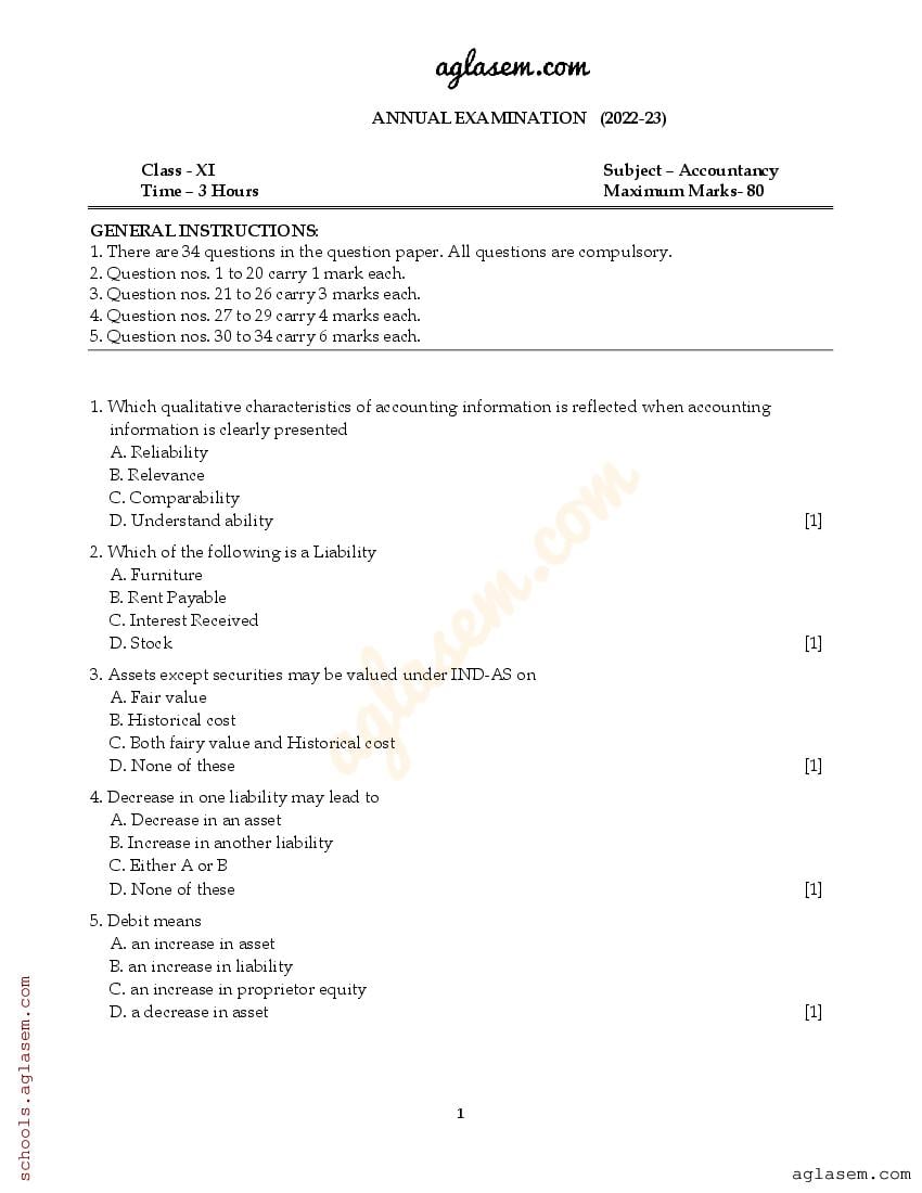 Class 11 Accountancy Question Paper 2023 (PDF) - 11th Annual Exam Accountancy Question Paper