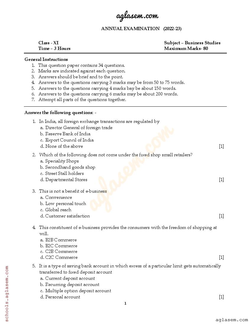 Class 11 Business Studies Question Paper 2023 (PDF) - 11th Annual Exam ...