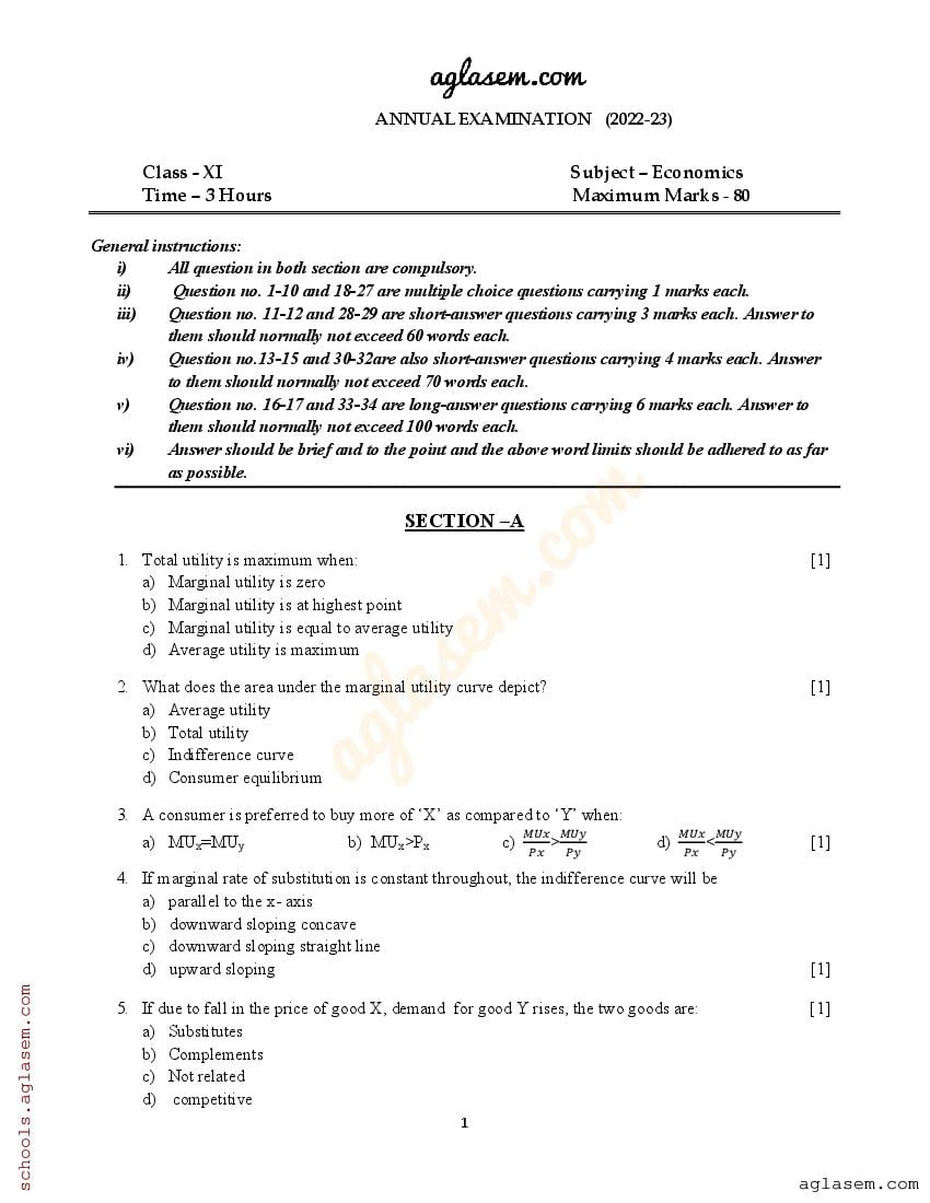 Class 11 Economics Question Paper 2023 (PDF) - 11th Annual Exam Economics Question Paper