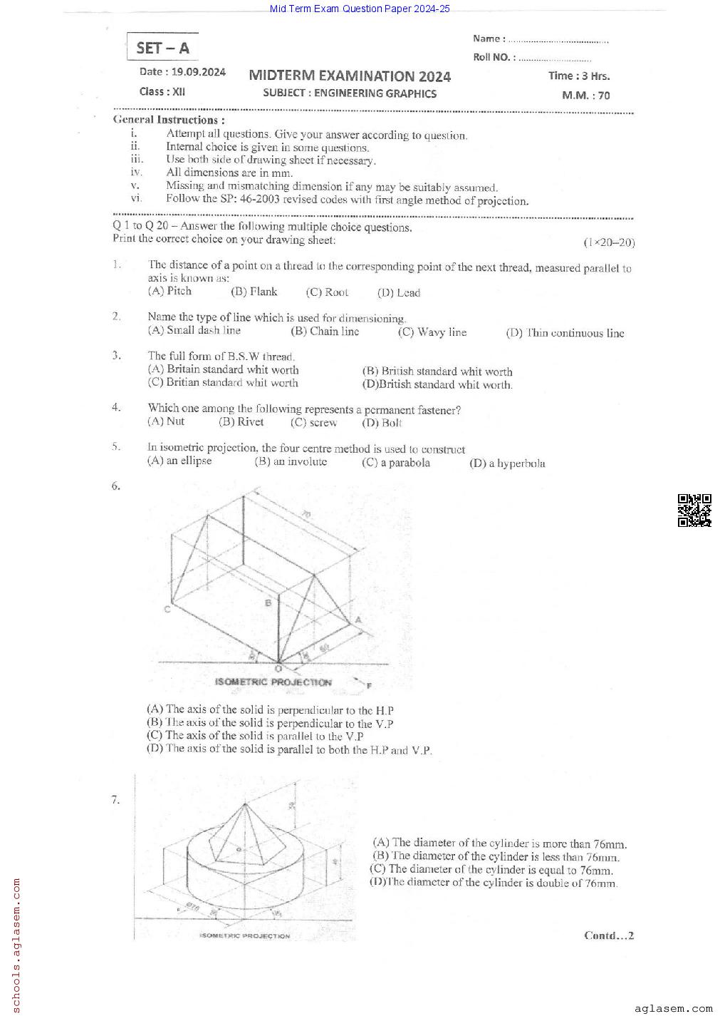 Class 12 Engineering Graphics Mid Term Question Paper 2025 | Download 12th Term 1 Exam Paper PDF ...