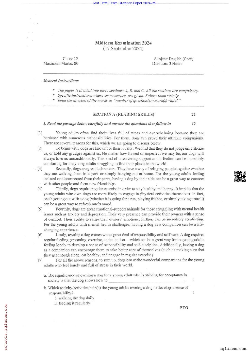Class 12 English Mid Term Question Paper 2025 | Download 12th Term 1 ...