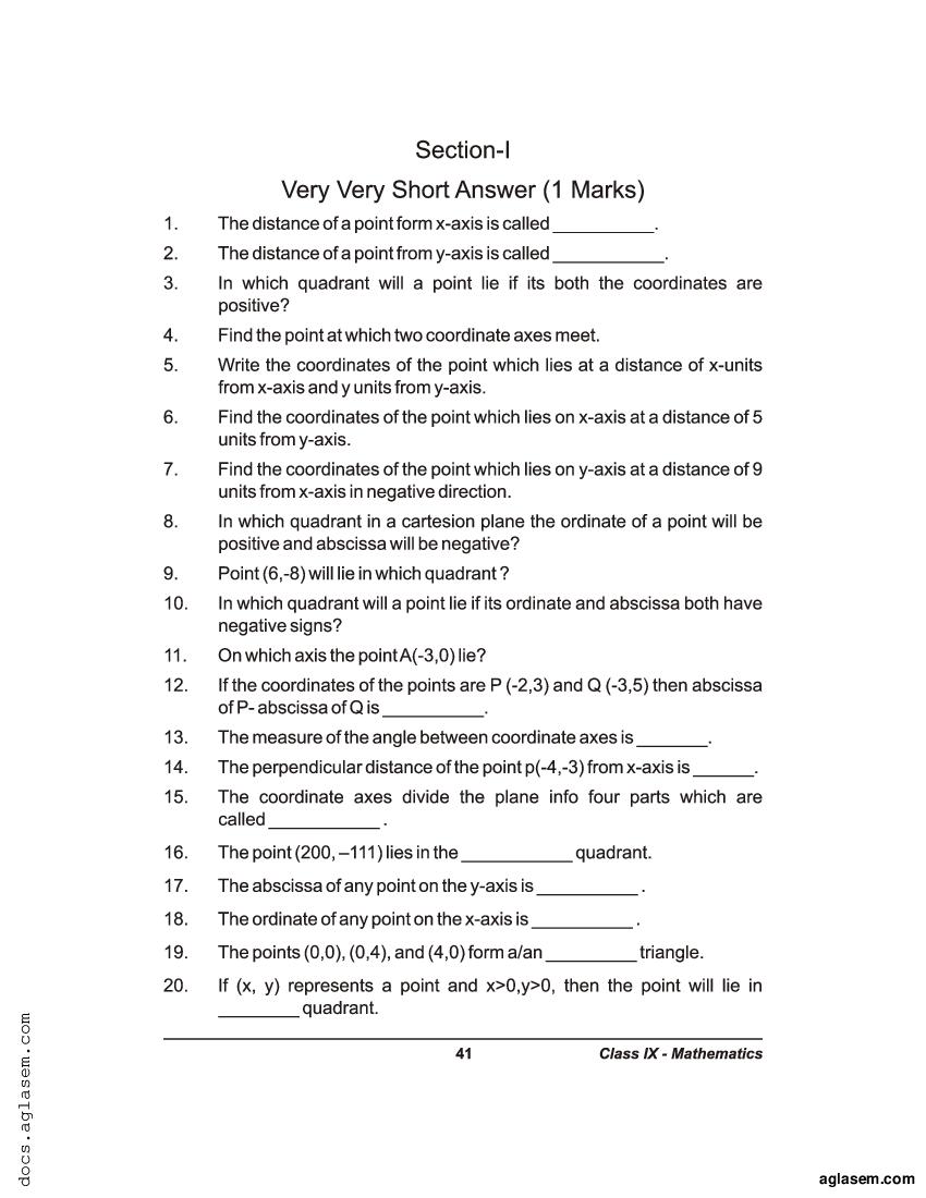 Class 9 Maths Extra Questions Chapter 3 Coordinate Geometry