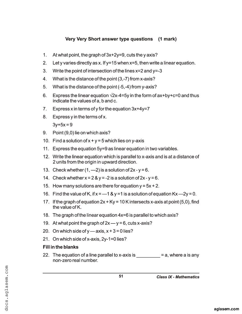 Class 9 Maths Extra Questions Chapter 4 Linear Equations In Two Variables