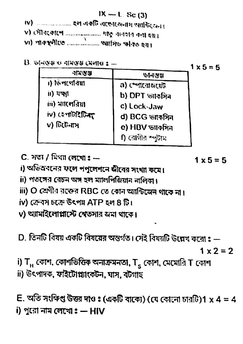 WB Class 9 Life Science Question Paper 2024 (PDF) - Download WBBSE Class 9 Question Paper of ...