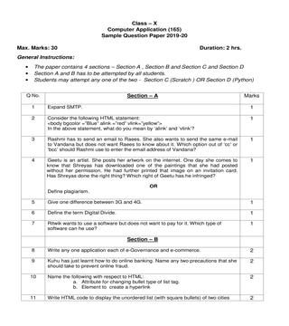 CBSE Class 10 Sample Paper 2020 for Computer Application
