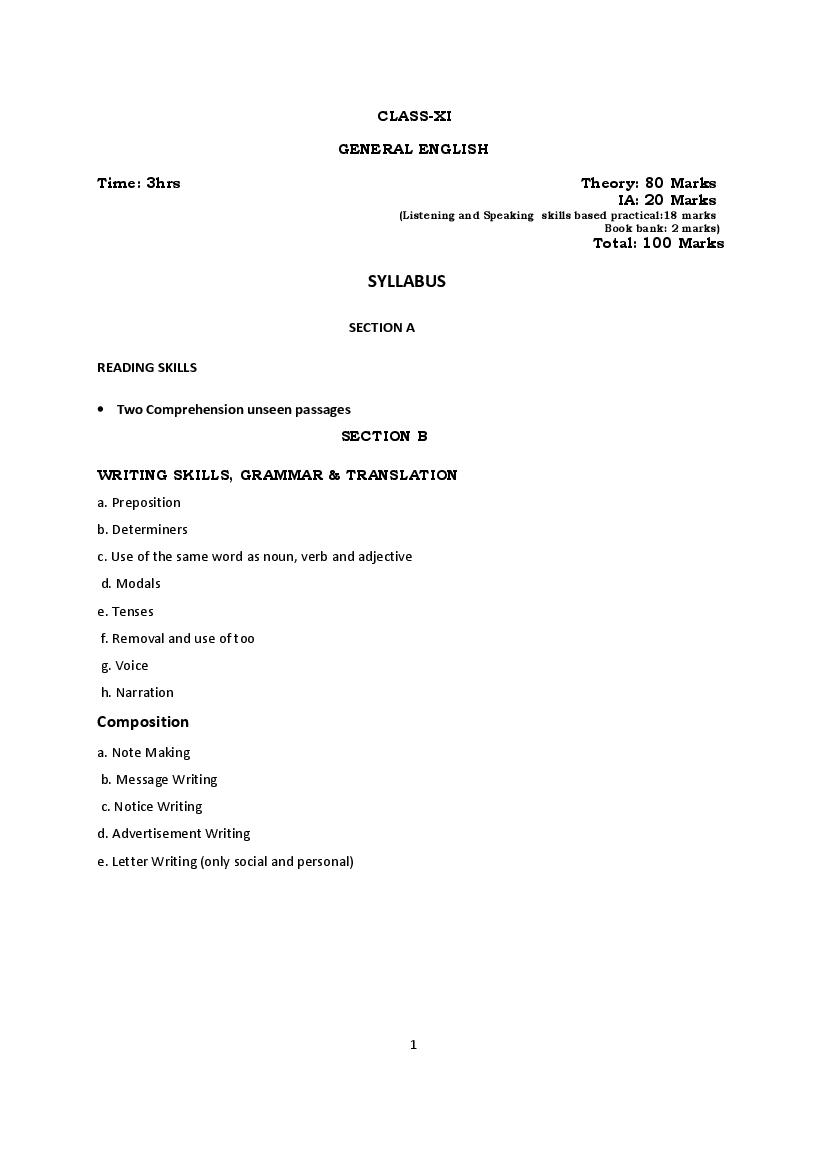 PSEB Syllabus 2021 22 For Class 11 General English
