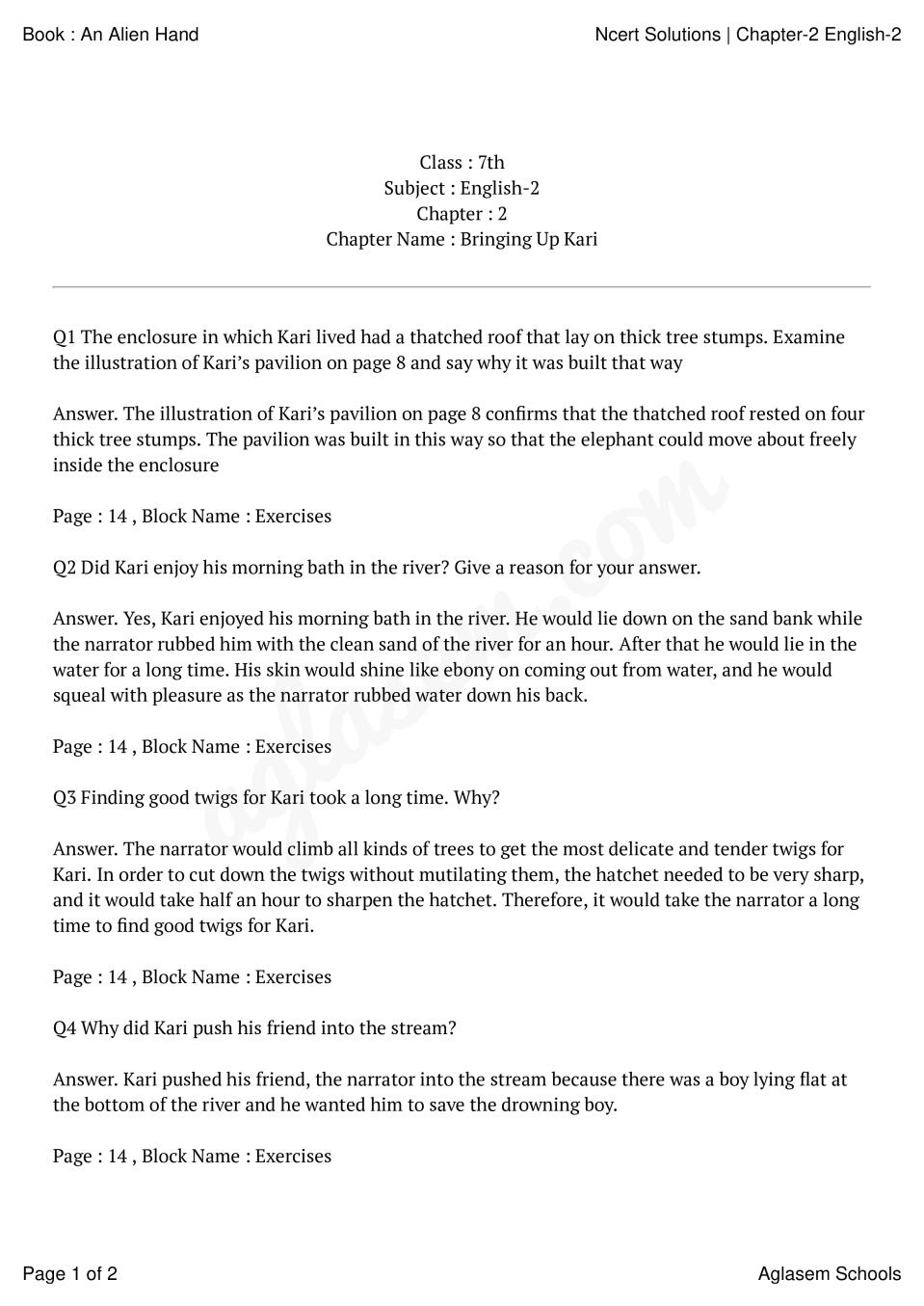 NCERT Solutions For Class 7 English Chapter 2 Bringing Up Kari PDF NCERT Solutions For Class 7 English Chapter 2 Bringing Up Kari PDF
