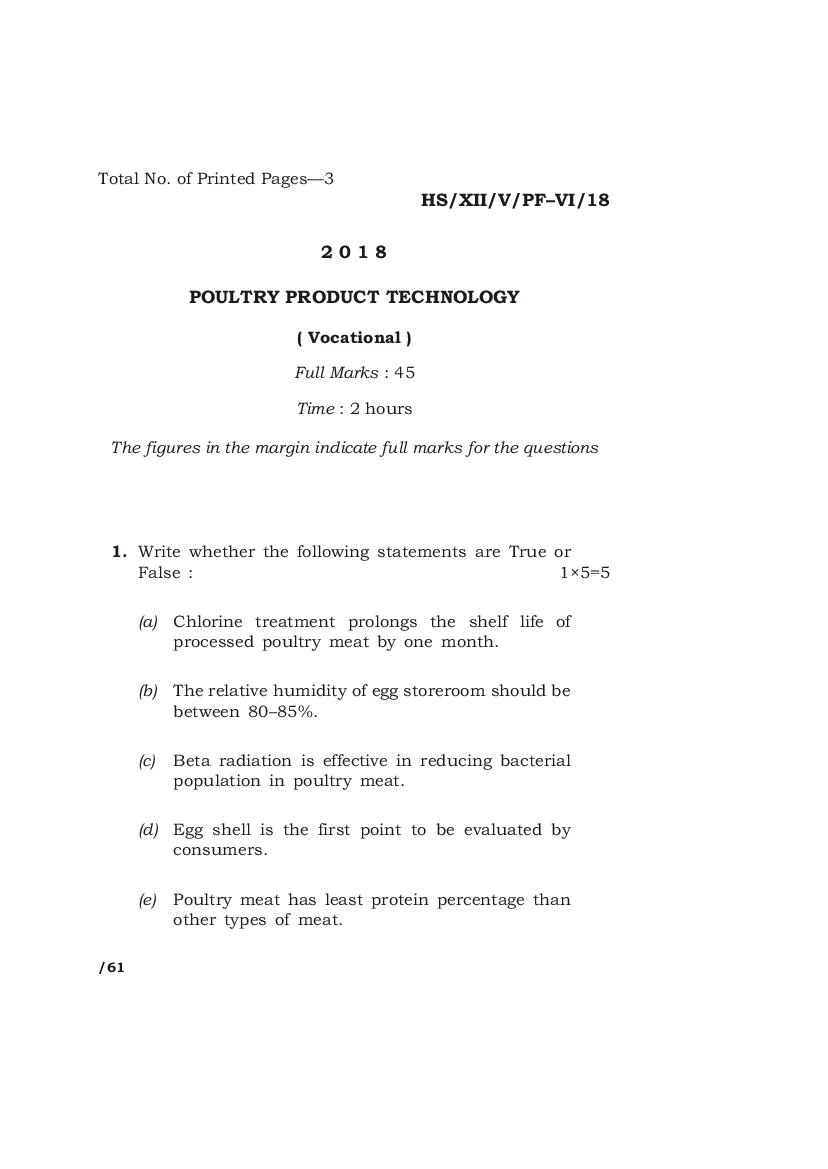 MBOSE Class 12 Question Paper 2018 for Poultry Product Technology