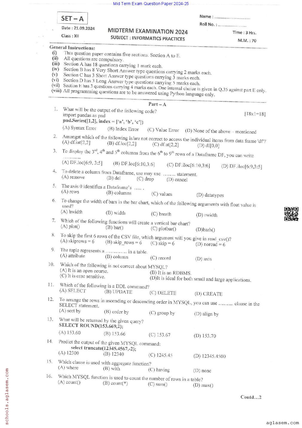 Class 12 Informatics Practices Mid Term Question Paper 2025 | Download ...