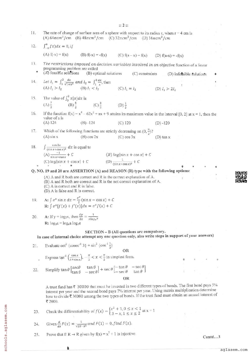 Class 12 Maths Mid Term Question Paper 2025 | Download 12th Term 1 Exam Paper PDF - AglaSem