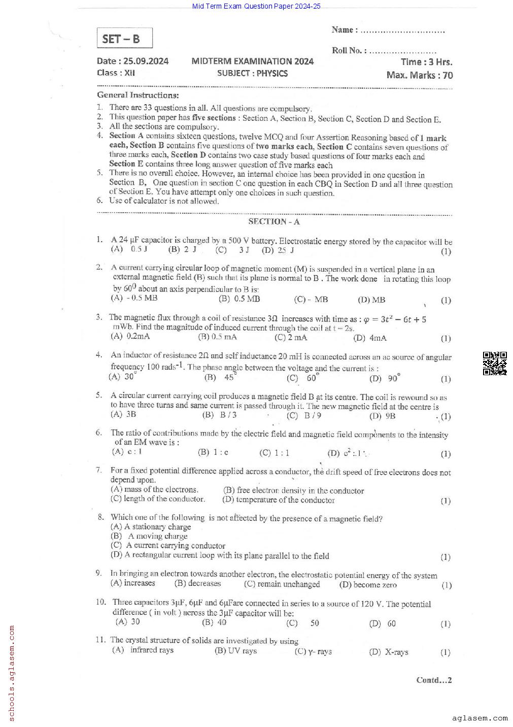 Class 12 Physics Mid Term Question Paper 2025 | Download 12th Term 1 Exam Paper PDF - AglaSem