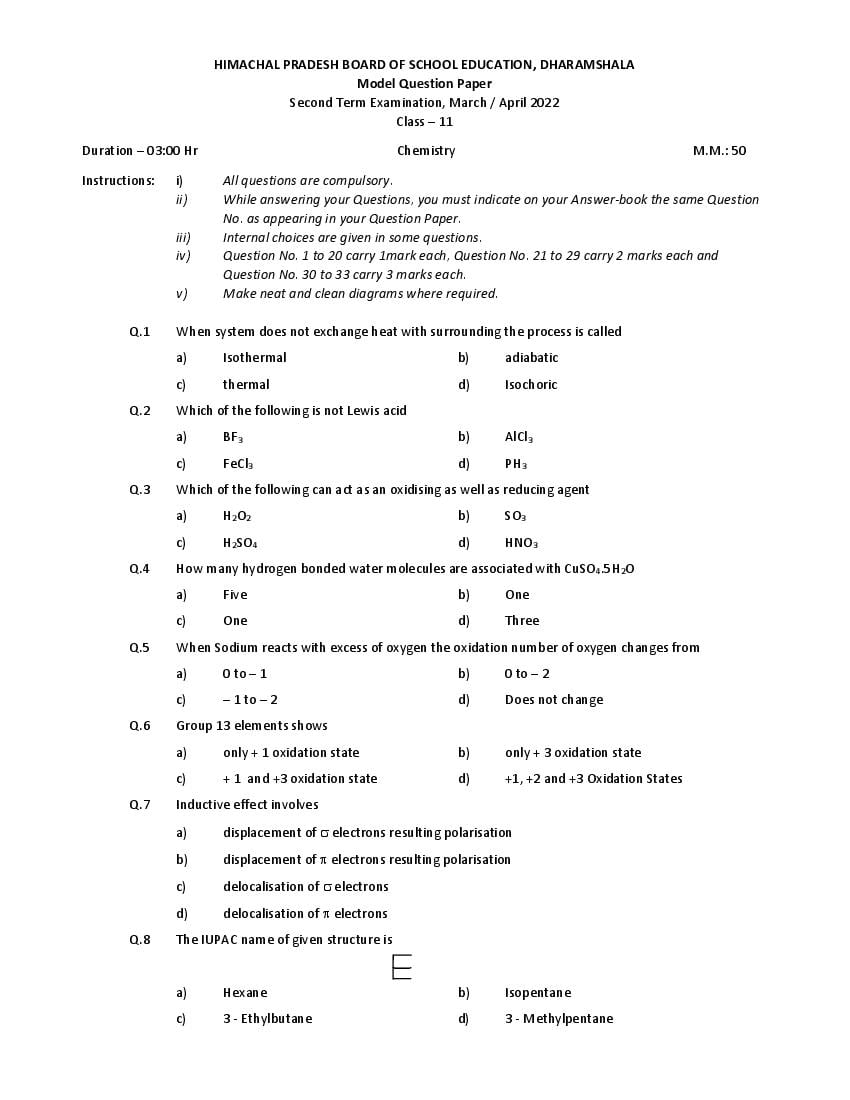 HPBOSE Class 11th Model Question Paper for Chemistry 2022 | Download HP ...