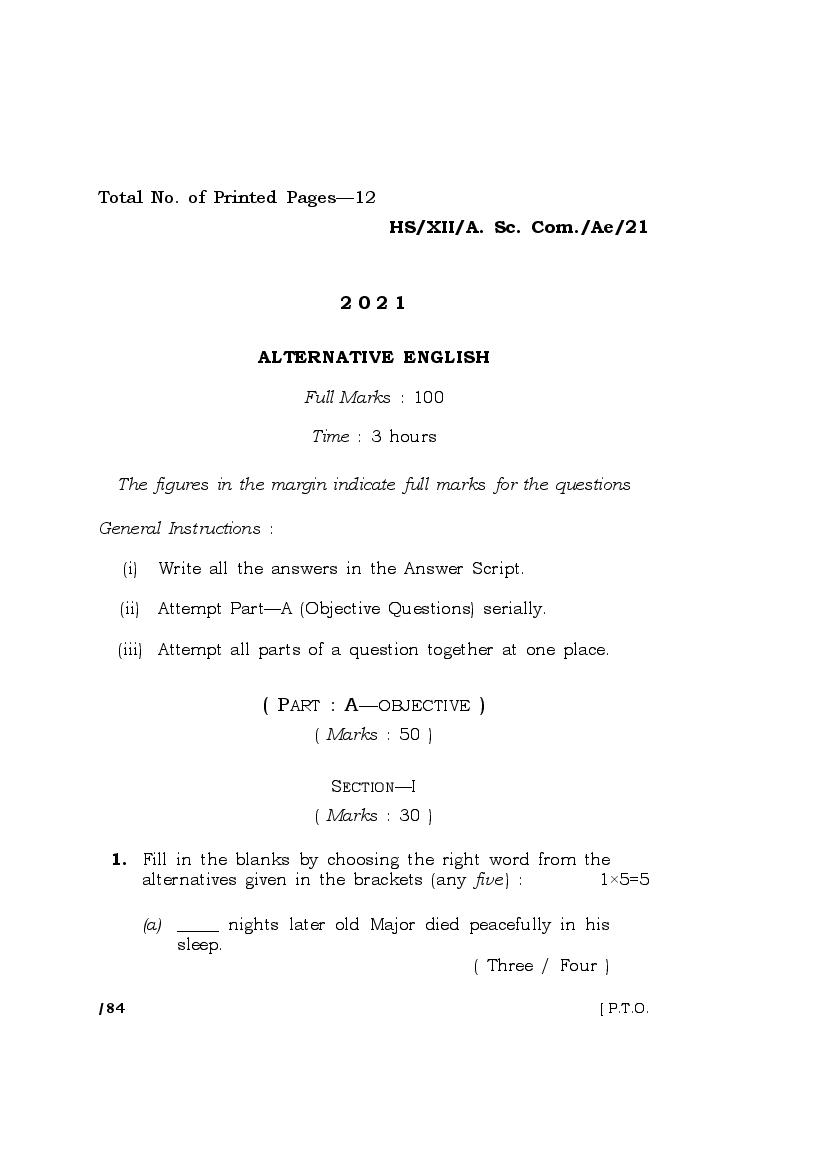 MBOSE Class 12 Question Paper 2021 For English Alternative