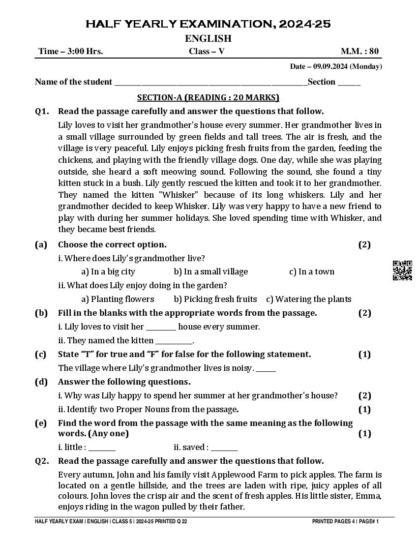 Class 5 English Half Yearly Question Paper 2025 | Download 5th Half ...