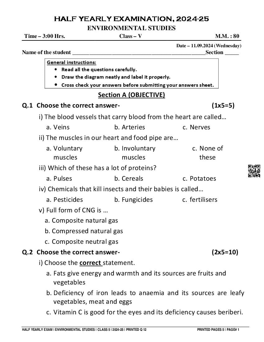 Class 5 EVS Half Yearly Question Paper 2025 | Download 5th Half Yearly ...