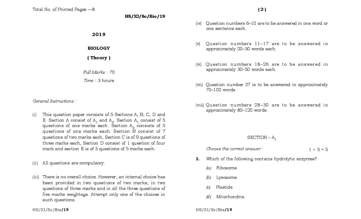 MBOSE Class 11 Question Paper 2019 for Biology